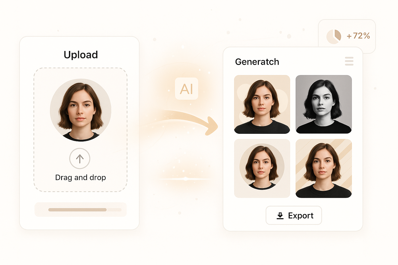 Character Generation Interface showing upload and AI-generated variations